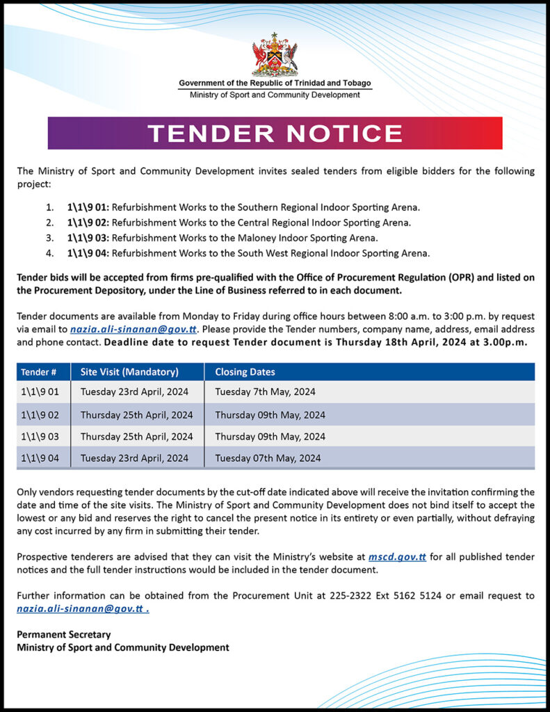 Tender Notice – Refurbishment Works Sporting Arena - Ministry of Sport ...