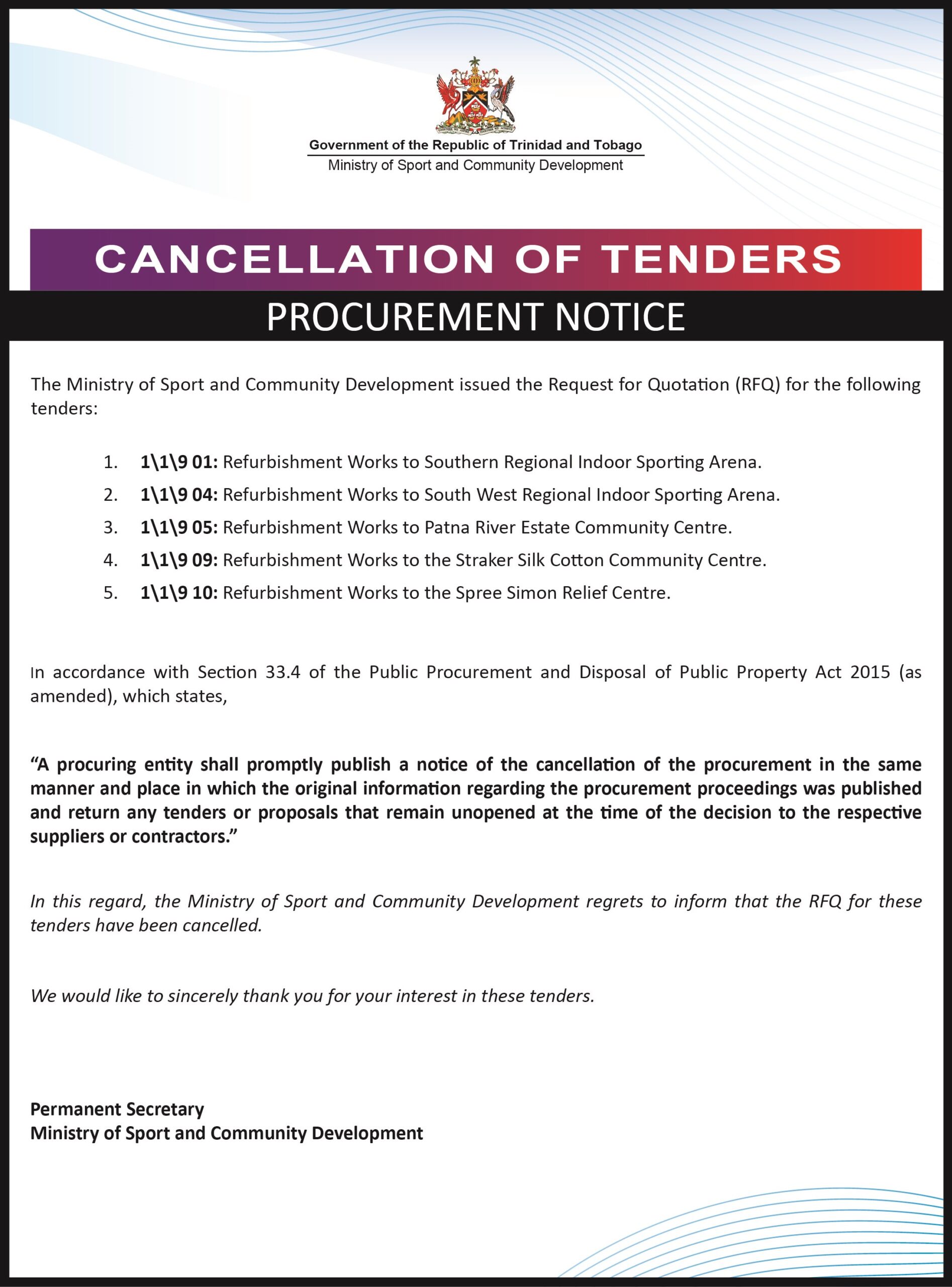 Cancellation of Tenders – Procurement Notice - Ministry of Sport and ...